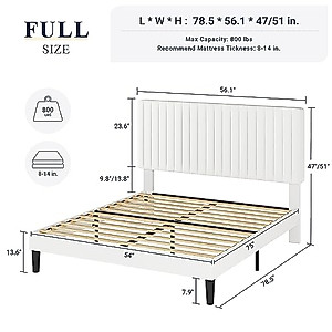 Allewie Full Bed Frame, Velvet Upholstered Platform Bed with Adjustable Vertical Channel Tufted Headboard, Mattress Foundation with Strong Wooden Slats, Box Spring Optional, Easy Assembly, Off-White