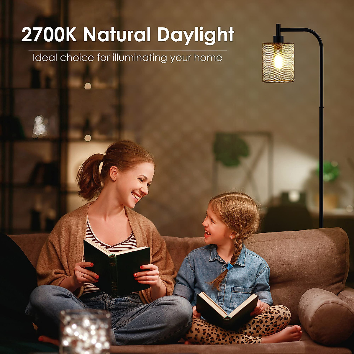 BoostArea Industrial Floor Lamp, Standing Lamp with Hanging Iron Mesh Lamp Shade, 6W LED Bulb, Whole Metal Farmhouse Floor Lamp with Foot Switch, Rustic Floor Lamps for Living Room Bedroom, Black