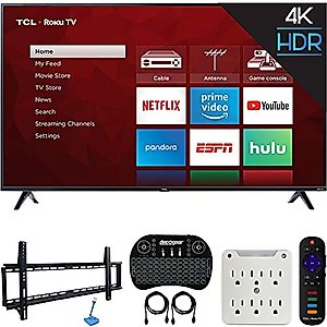 TCL 65S425 65-inch 4-Series 4K Ultra HD Roku Smart TV Bundle with 37-70-inch Low Profile Wall Mount Kit, Deco Gear Wireless Keyboard and 6-Outlet Surge Adapter with Night Light