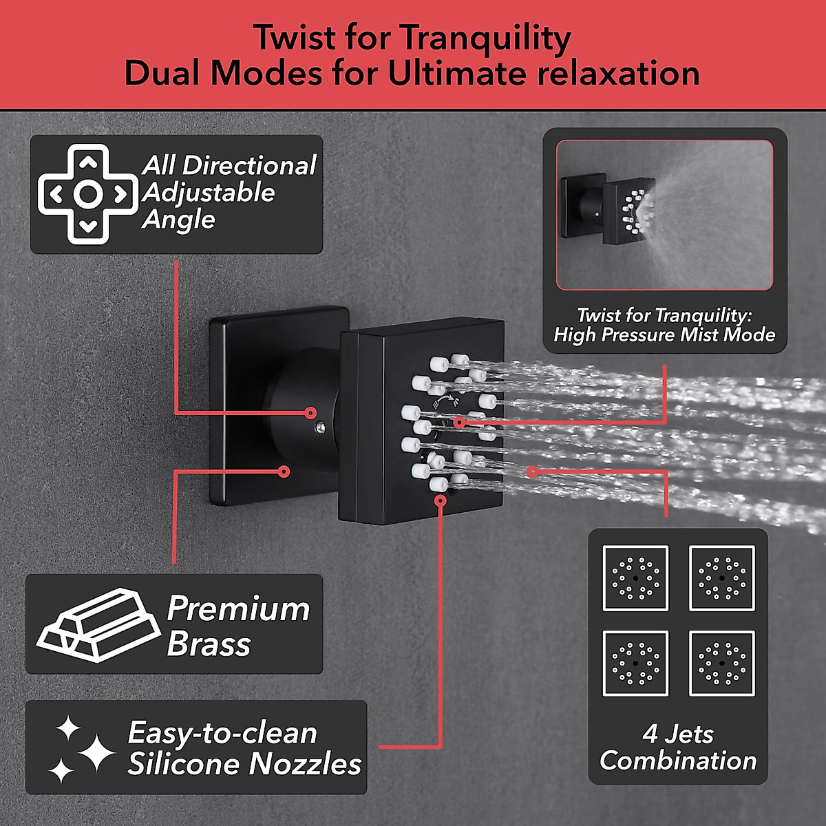 VANFOXLE Shower Faucet Set Matte Black Shower System,Four Modes Shower Faucet with 2 in 1 Handheld,Ceiling Mount 10 Inch Shower Head with 6 Inch Shower Head, 4 PCS Dual Modes Body Jets