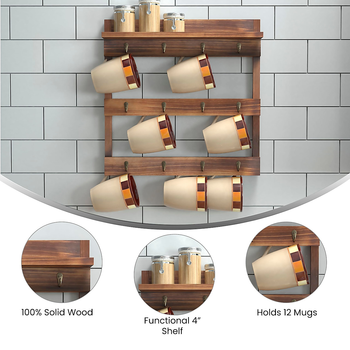 EMMA + OLIVER Maxwell Wall Mounted Wooden Mug Rack - Rustic Brown Finish - 12 Metal Mug Hooks - Inlaid Hanging Hardware - Includes Screws and Wall Anchors