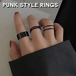 FIBO STEEL 18PCS Gothic Punk Chain Finger Rings for Women Men Y2K Black Stackable Rings Snake Chain Rings Open Adjustable Knuckle Emo Rings Punk Gothic Jewelry