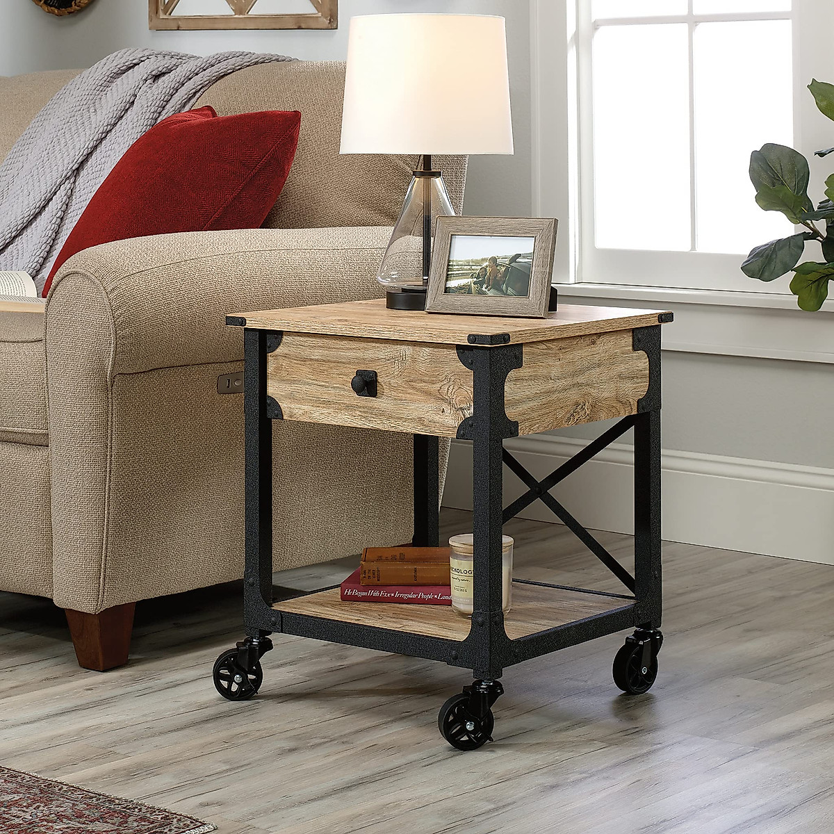 Sauder Steel River Side Table, L: 22.44" x W: 21.65" x H: 23.11", Milled Mesquite Finish