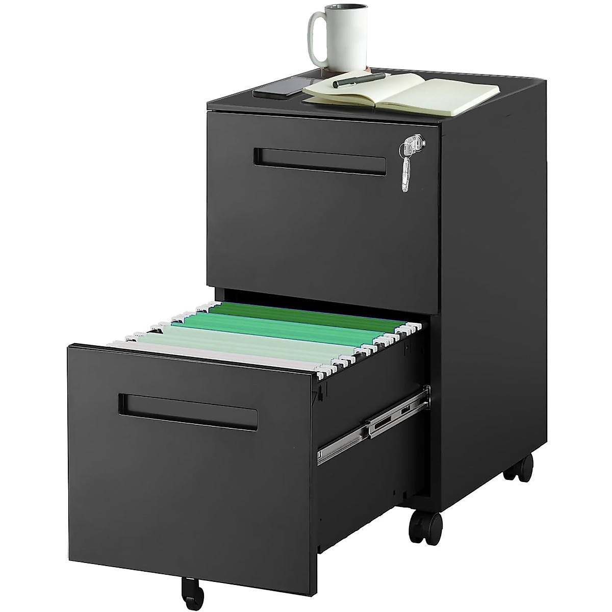 HOMEER 2 Drawer Mobile File Cabinet with Lock & Wheel, Under Desk Rolling Vertical Filing Cabinet, Anti-tilt Design Home & Office Metal Storage Drawers Filing Cabinet for Legal, Letter, A4 File, Black