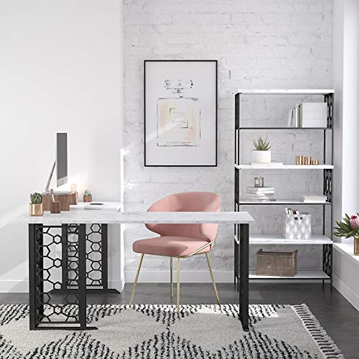 CosmoLiving by Cosmopolitan Ella 5 Shelf, White Marble/Black Bookcase