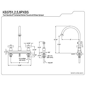 Kingston Brass KB3755PXBS Deck Mount 8" Center Kitchen Faucet, Porcelain Cross Handle with Brass Sprayer, Oil Rubbed Bronze
