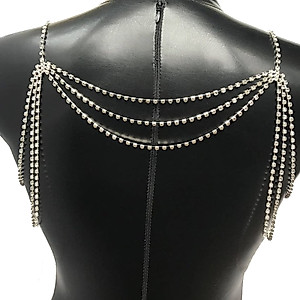 Rhinestone Shoulder Chain Necklace Multilayer Bridal Shoulder Chain Statement Wedding Body Jewelry Rhinestone Underwear Bra Chain for Women(Silver 3)