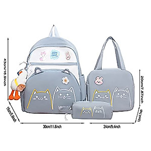 DAHUOJI 3PCS Kawaii Backpack Set 17in Cat Embroidery Backpacks Aesthetic School Bag Cute Bookbag with Lunch Bag,Pencil Box,Duck Pendant & Badge,Blue