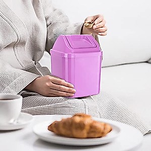 QLFJ-FurDec 2 Pcs Plastic Mini Wastebasket Trash Can with Swing Lid with 4 Rolls of Trash Bags, Tiny Desktop Waste Garbage Bin for Home, Office, Kitchen, Vanity Tabletop, Bedroom, Bathroom(Blue + Purple)