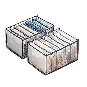 2 Pack 7 Grids Washable Wardrobe Clothes Organizer, Jeans Compartment Storage Box, Leggings Organizer and T Shirt Organizer Bin Clothes Drawer Mesh Separation Box for Bedroom