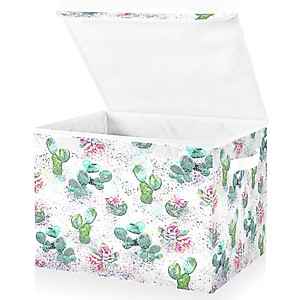 BOESI Cactus with Flowers Foldable Storage Baskets Fabric Boxes with Handle Organizers with Flip-Top Lids Storage Bins for Home Bedroom Office