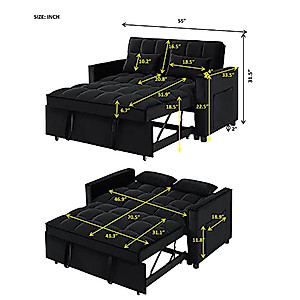 Holaki Convertible Velvet Sleeper Sofa Bed, 55.2" Velvet Loveseat Sofa Modern Pull Out Sofa Bed Lounge Chaise Armchair with Adjustable Backrest,2 Lumbar Pillows,Small Couch for Home Office(Black)