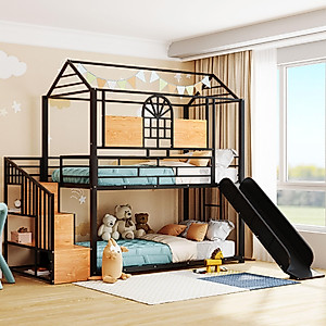 Twin Over Twin Bunk Bed with Slide, House Floor Bunk Bed with Storage Stairs and Shelves, Twin Bunk Beds for Kids, Girls, Boys, Black Bunk Bed Twin Size