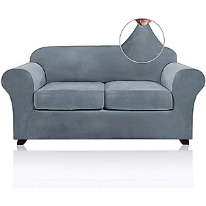 PrinceDeco 3 Pieces Couch Covers Soft Velvet Couch Covers for 2 Cushion Sofa Loveseat Covers Width Up to 72 Inch Anti Slip Love Seat Furniture Protector, Machine Washable(Medium, Stone Blue)