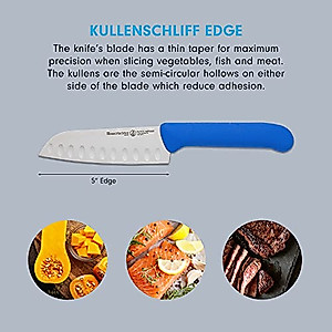 Messermeister Petite Messer 5” Kullenschliff Santoku Knife, Blue - German 1.4116 Stainless Steel & Ergonomic Handle - Lightweight, Rust Resistant & Easy to Maintain