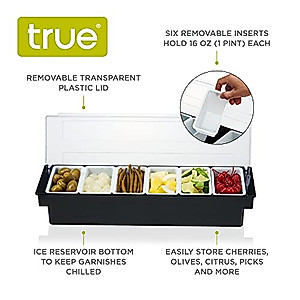 True Tray-6 Removable Inserts and Ice Reservoir Bar Caddy with Lid for Garnishes, Bartender Accessory for Cocktail Recipes, Plastic, Set of 1, Black