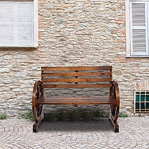 Flulep Rustic 2-Person Wooden Wagon Wheel Bench with Slatted Seat and Backrest, Brown