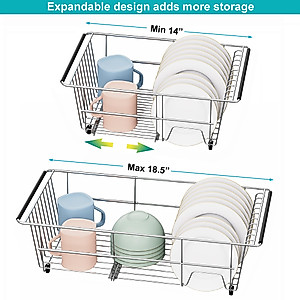 iPEGTOP Expandable Over Sink Dish Drying Rack, Multifunctional Adjustable (14"-18.5") Dish Drainer Organizer Shelf Rustproof Stainless with Grey Utensil Holder for Kitchen Counter