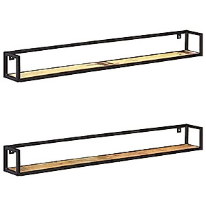 Floating Shelves Set of 2, 63 Inch Wall Mounted Storage Shelves, Solid Wood Wall Shelves with Metal Bracket, Sturable and Durable Hanging Shelves Display Rack for Bedroom Living Room Multicolor