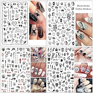 8 Sheets Black Snake Nail Art Stickers 3D Skull Gothic Nail Decals Designer Nail Stickers Nail Art Supplies Horror Goth Punk Ghost Face Nail Stickers Designs for Acrylic Nails Decorations Charms