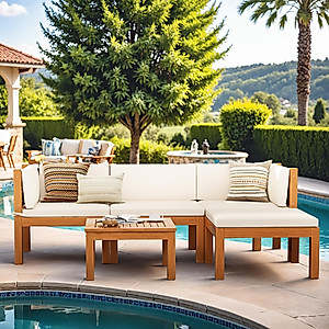 Flamaker Outdoor Sectional Couch Patio Sectional Sofa with Acacia Wood Table,5 Pieces Outdoor L-Shaped Couch with Soft Cushion for Patio,Garden,Backyard(White)