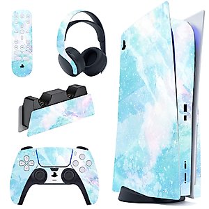 PlayVital Pale Blue Watercolor Full Set Skin Decal for ps5 Console Disc Edition, Sticker Vinyl Decal Cover for ps5 Controller & Charging Station & Headset & Media Remote