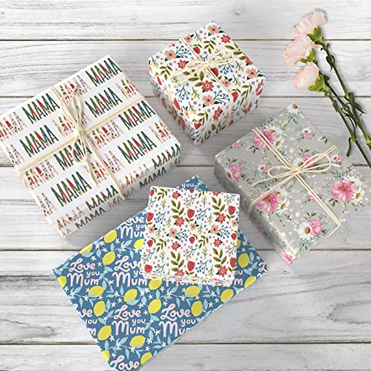 ZINTBIAL Mother's Day Wrapping Paper for Mom, Birthday, Bridal Shower - Gift Wrap with Floral, Love You Mum Letters Design - 20 x 29 Inches per Sheet (8 Sheets 33 sq. ft.) Recyclable, Easy to Store,