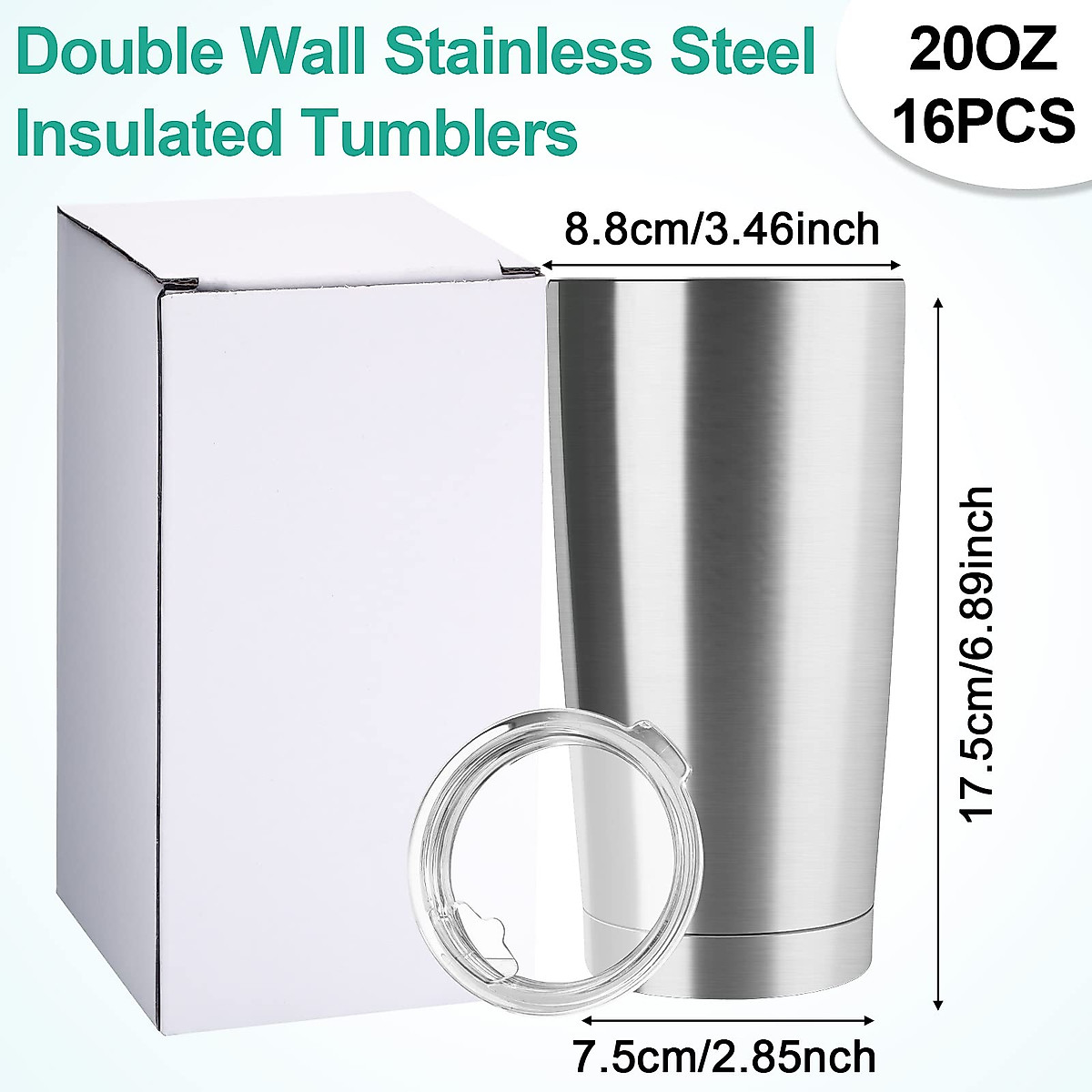 Potchen 16 Pcs 20 oz Stainless Steel Tumbler Bulk with Lids, Double Layered Vacuum Coffee Tumbler Cup Insulated Coated Travel Mug Tumblers for Coffee, Beverages, Hot Cold Drinks(20 oz)