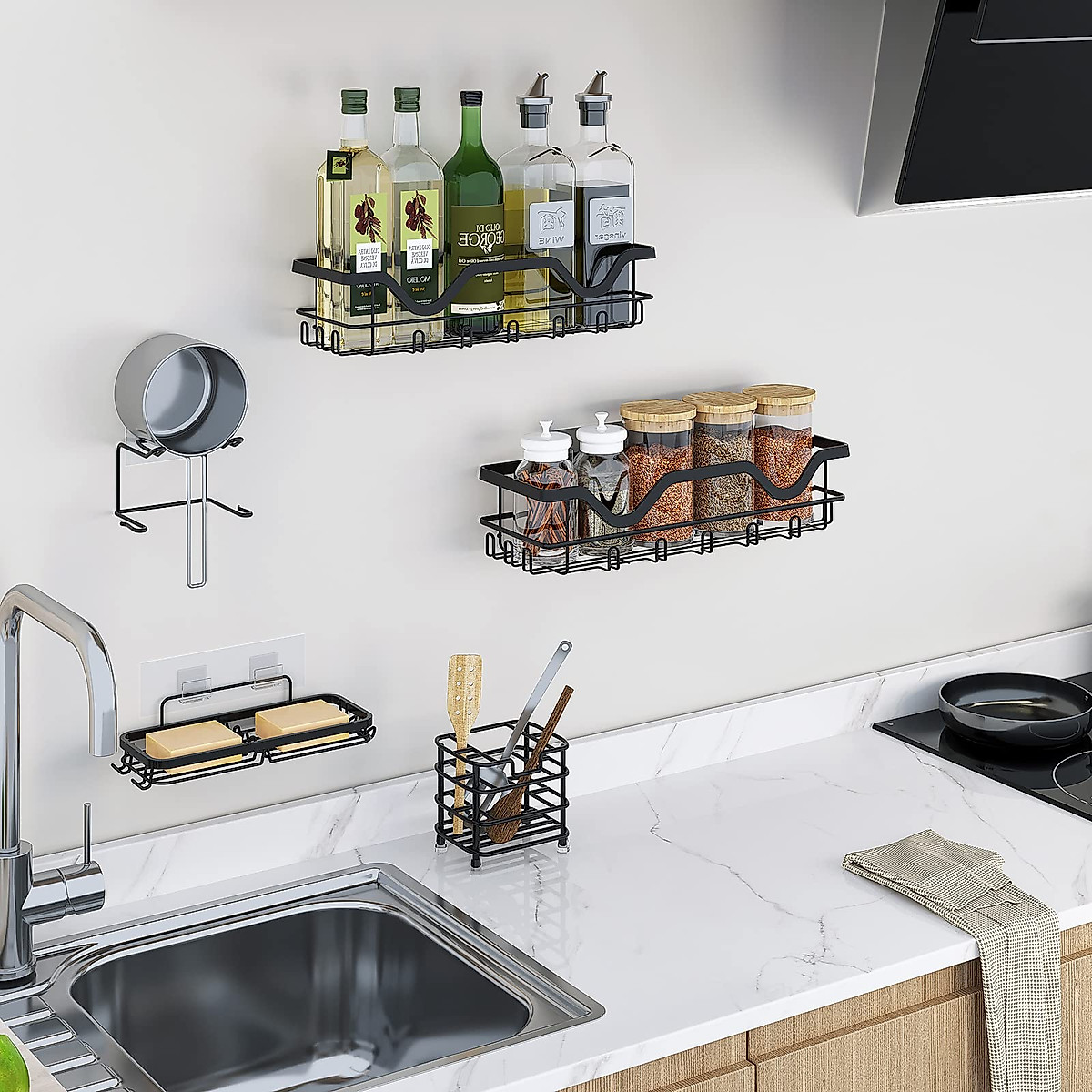 5 Pack Bathroom Shower Caddy Shelf Organizer, with Toothbrush/Soap Dishes/Hair Dryer Holder, No Drilling Wall Mount Adhesive Shelf for Inside Shower, SUS304 Storage Organizer Accessories (Black)