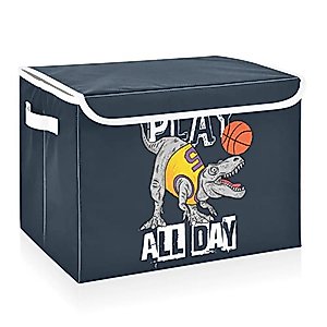 CaTaKu Basketball Dinosaur Storage Bins with Lids and Handles, Fabric Large Storage Container Cube Basket with Lid Decorative Storage Boxes for Organizing Clothes
