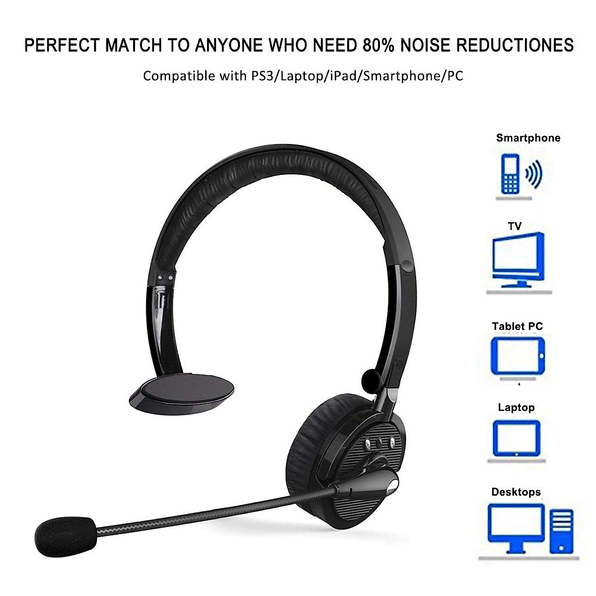 RAOPINGX Trucker Bluetooth Headset Wireless Headset with Mic Over The Head Headset On Ear Car Earphones Office Earpiece for Cell Phone Bluetooth V2.1 Compatible for iOS & Android
