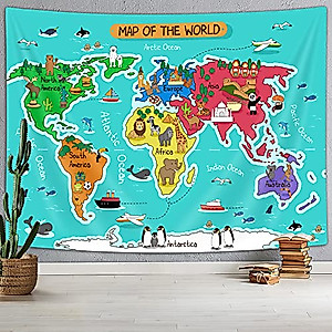 Cartoon World Map Tapestry Wanderlust, Cartoon Animal Mountains Forests World Map for Children and Kids Tapestry Wall Hanging, Wall Blankets Home Decor Beach Towel TV Background Panels 60X40 in