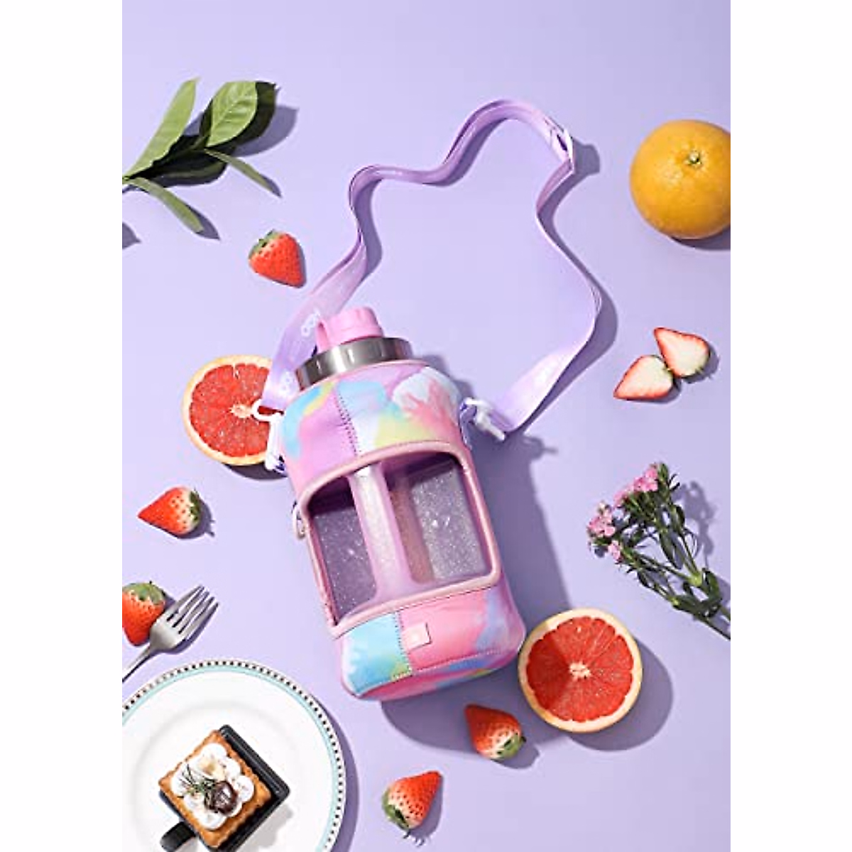 H2O Capsule 2.2L Half Gallon Wide Mouth Water Bottle with Storage Sleeve and Removable Straw - Hydration Tracker Jug with Measurements Marked – Shatterproof BPA-Free, (Purple TieDye)