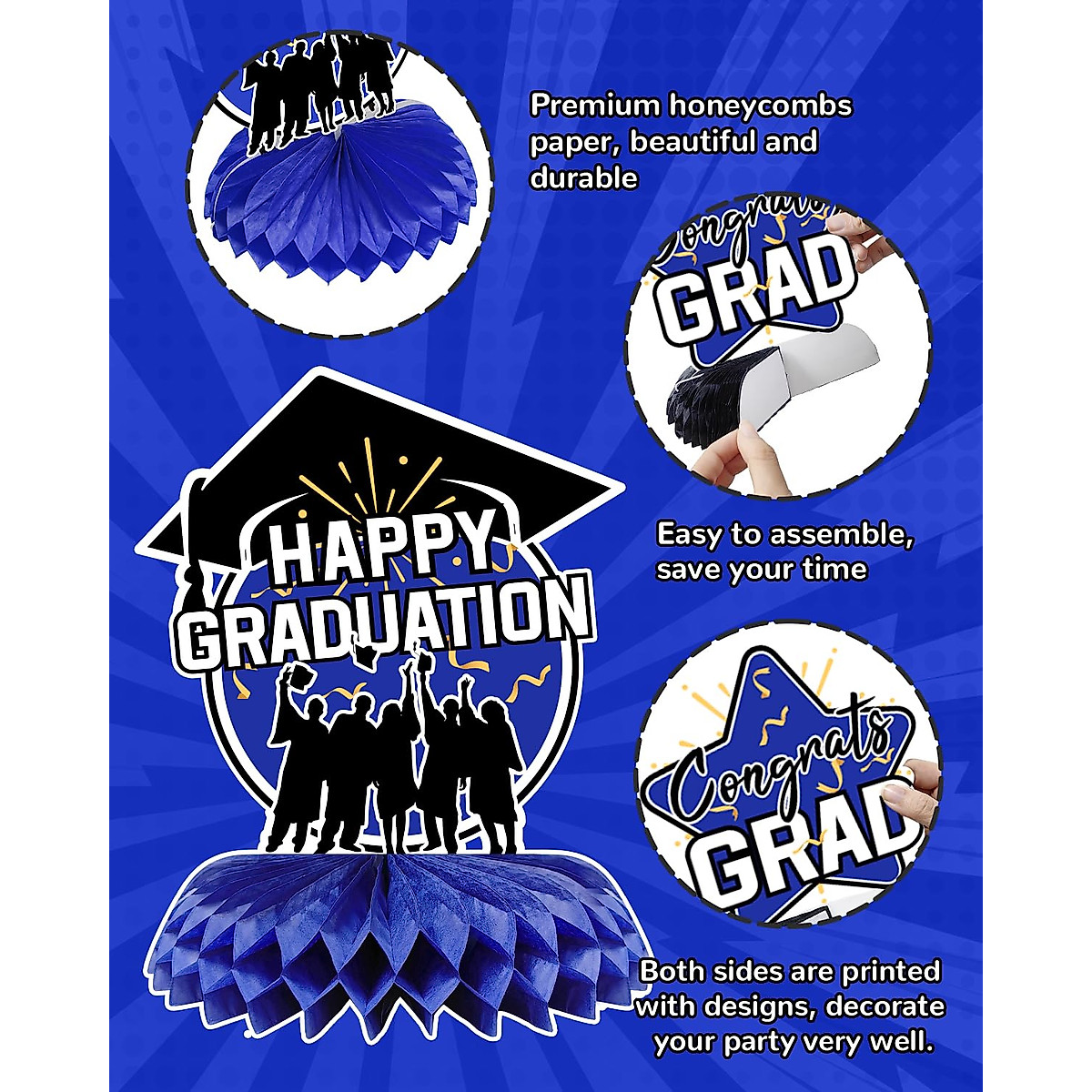 VICHTOP 2024 Graduation Party Decorations - Class of 2024 Blue Theme Decorations with Congrats Grad Table Centerpiece - Stunning Blue Graduation Decor for a Memorable Celebration