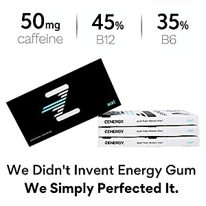 ZENERGY Energy Gum, 50mg of Caffeine Per Piece with B6 and B12 Vitamins, 0 Calories, Sugar and Gluten Free, Non GMO, Vegan and Aspartame Free, Mint Flavour, 8-Count Boxes (Pack of 3)