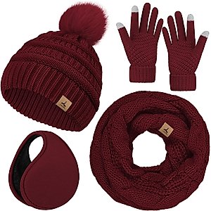 Winter Hat Scarf Gloves and Ear Warmer, Warm Knit Beanie Hat Touch Screen Gloves Set Winter Gifts Neck Scarves for Women Wine Red