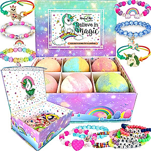 Unicorn Love Bath Bombs for Girls with Jewelry Inside + Free Jewelry Box - Organic, Skin Moisturizing, Natural Bubble Bath Bombs with Surprise Inside, Valentine's Day Gifts for Kids, Tween Girls