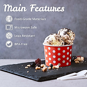 MATICAN Paper Ice Cream Cups - 50-Count 4-Oz Disposable Dessert Bowls for Hot or Cold Food, 4-Ounce Party Supplies Treat Cups for Sundae, Frozen Yogurt, Soup, 5 Colors, Polka Dots