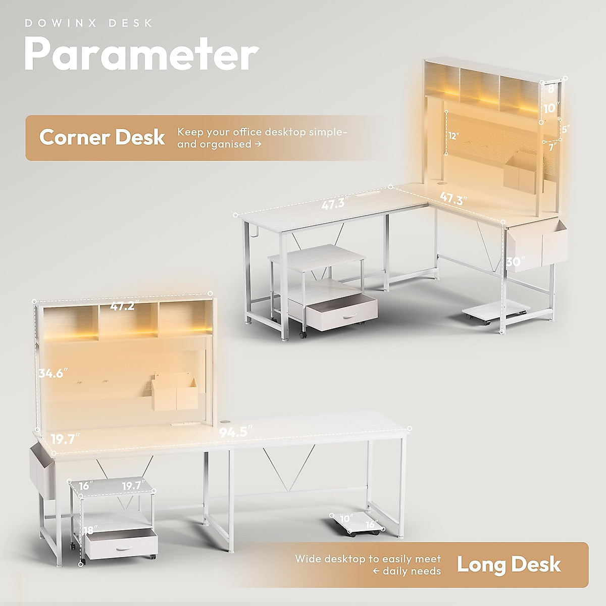 Dowinx L Shaped Desk with Pegboard and Removable Filing Cabinet, Reversible 67” Computer Gaming Desk with Power Outlet and Led, Office Corner Desk with Storage for Home Game, White