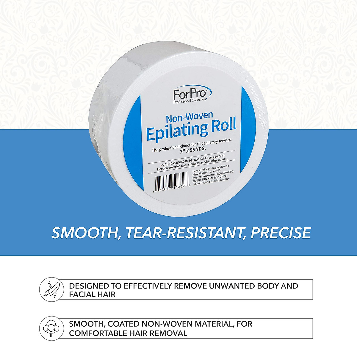 ForPro Non-Woven Epilating Roll for Body and Facial Hair Removal, Tear-Resistant, Lint-Free, 3” x 55 Yards, White