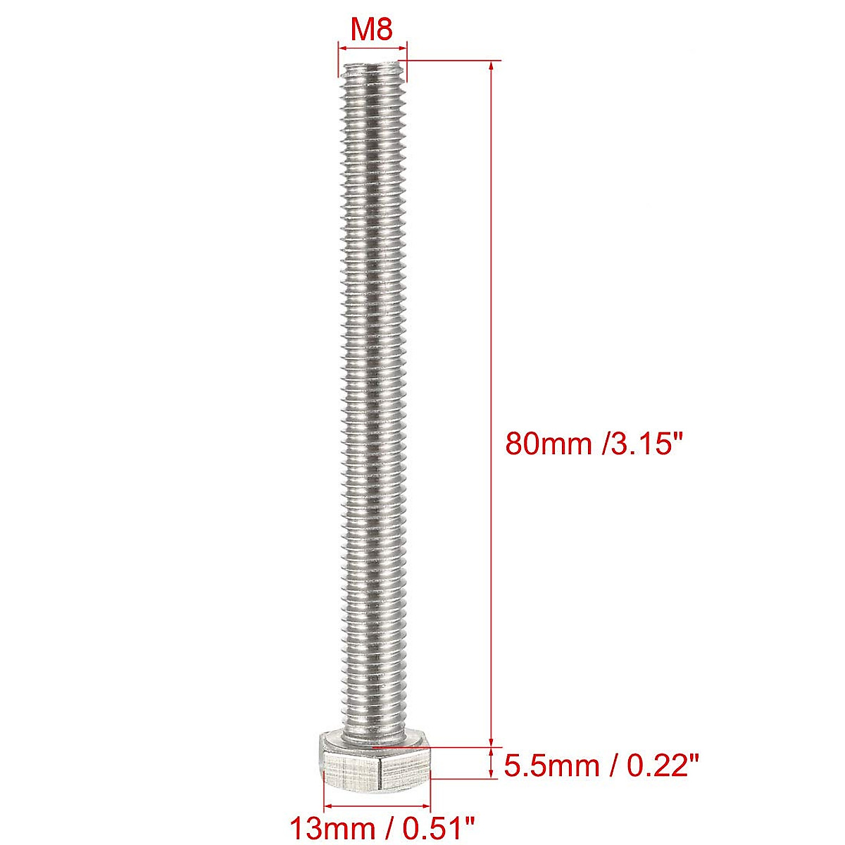 uxcell M8x80mm Hex Bolts 304 Stainless Steel Hexagon Screw Bolt 5 Pcs