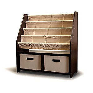 WONKAWOO Kids Sling Bookshelf Wooden Rack, 4 Levels of Canvas Slings for Large Children Books and 2 Storage Bin Boxes for Toys Organizer, Espresso Shelf with Natural Fabric Slings