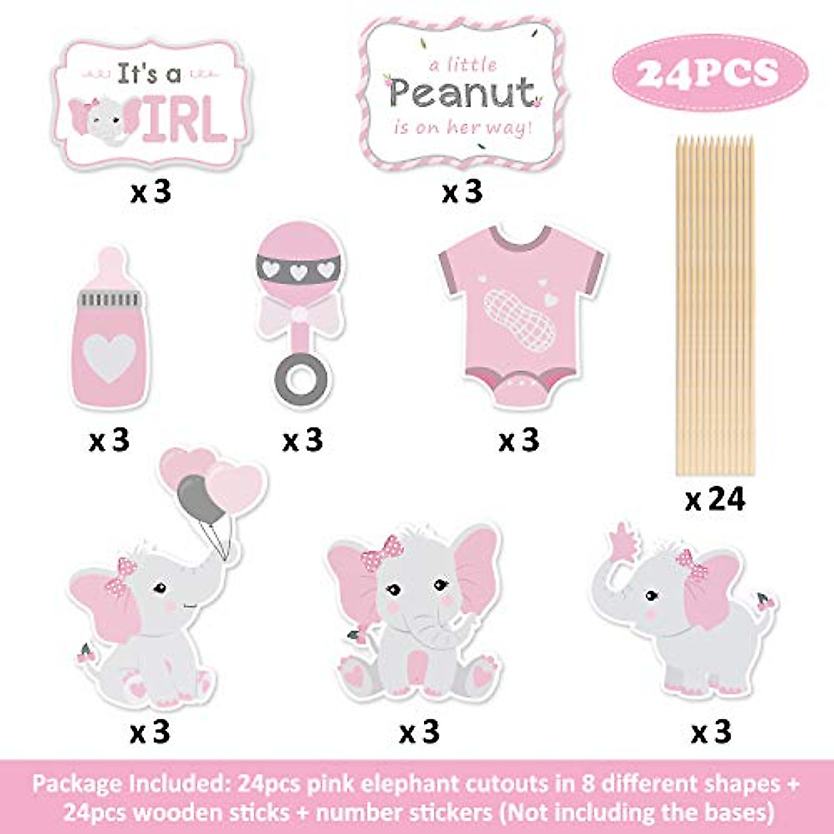Faisichocalato Pink Elephant Centerpiece Sticks DIY Baby Girl It's A Girl Table Decorations Pink Little Peanut Cutouts for Pink Elephant Theme Baby Shower Birthday Party Supplies Set of 24