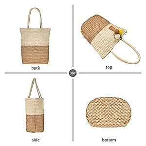 Hirooms Women Beach Bag Straw Woven Shoulder Bag Tote Bag Crossbody Bucket Handbags Summer Handmade Hobo Purse Bamboo Handle (Two-tone Tote-Khaki)