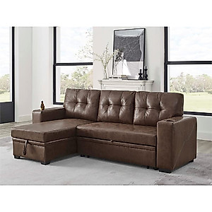 Pemberly Row 85" Wide Easy Pull Out Faux Leather Convertible Sectional Sofa with Cup Holders in Dark Brown