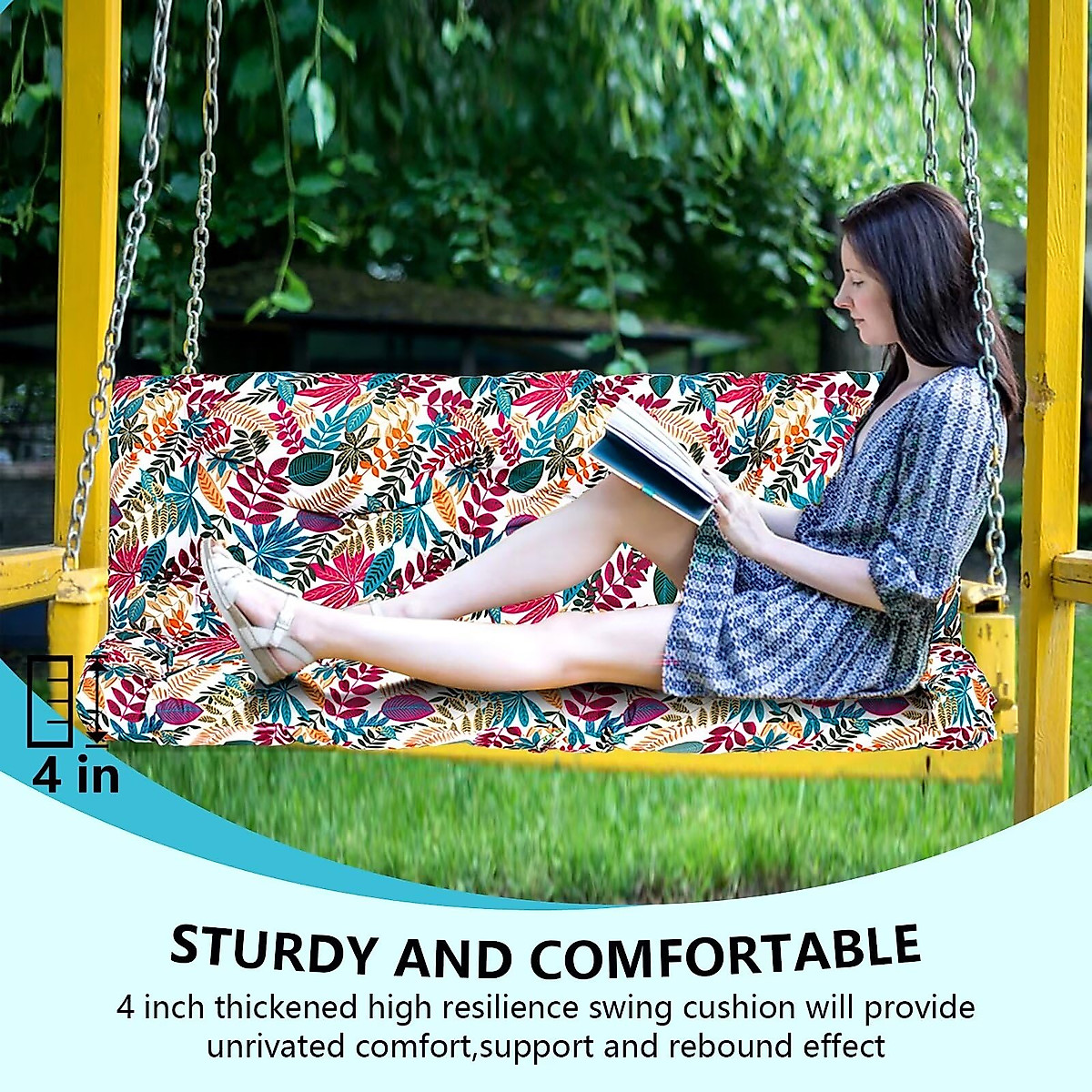 HZODJBH Porch Swing Cushion,Waterproof Bench Cushion for Outdoor Furniture with Backrest, Thickened Swing Cushions 2-3 Seater Replacement with Ties for Porch,Outdoor and Garden(Red Leaves,60 x 40in)