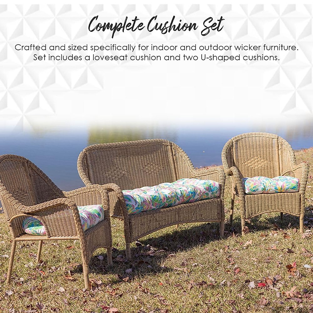 RSH DECOR: 3-Piece Wicker Tufted Cushion Set | 41” x 19" & 19" x 19" | All-Weather Spun Fabric | Water Resistant | Outdoor Loveseat & U-Shape Cushions for Patio Furniture | Hunter Green