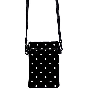 Little White Polka Dots On Black Small Crossbody Bag for Women Girls, Genuine Leather Cell Phone Purse Wallet Bag, Mini Shoulder Bag
