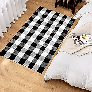 joybest Buffalo Plaid Rug 3 x 5 ft Black and White Checkered Area Rug Cotton Hand-Woven Indoor Outdoor Rugs Carpet for Patio, Living Room, Dining Room, Bedroom