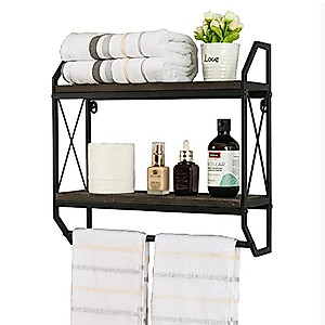 Abyssfish 2 Tier Metal Industrial Bathroom Shelves with Towel Bar Floating Storage Organizer Shelves Rustic Wall Mounted Shelves Over Toilet Towel Rack for Bathroom, Bedroom, Kitchen
